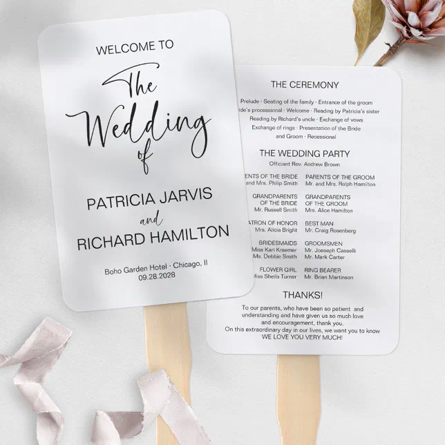 Simple Modern Calligraphy Wedding Program Hand Fan | Zazzle