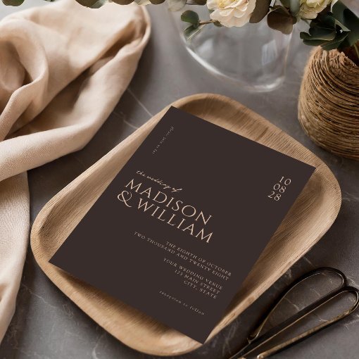 Simple Modern Chic Dark Brown Wedding Invitation | Zazzle