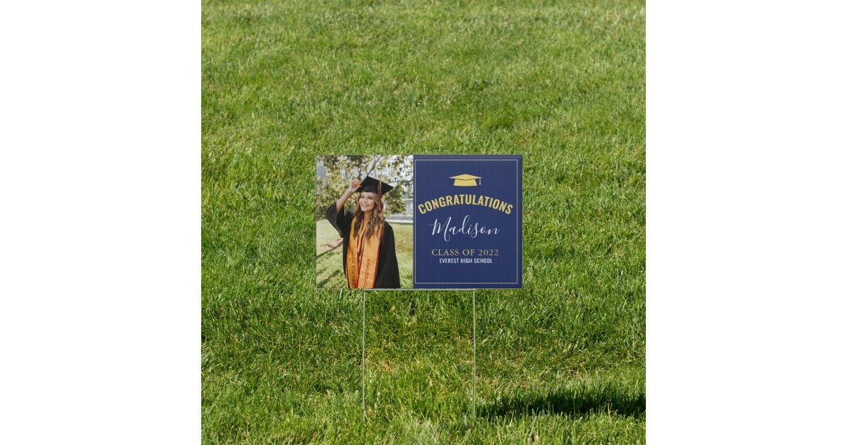 Simple Modern Classic Navy Blue Photo Graduation Sign | Zazzle