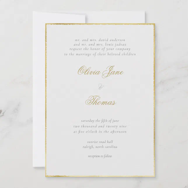 Simple Modern Classy Gold Frame Ivory Wedding Invitation | Zazzle
