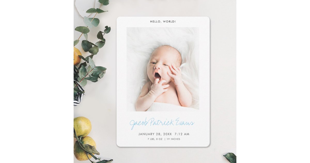 Simple Modern Custom Baby Blue Script Boy Birth Announcement | Zazzle