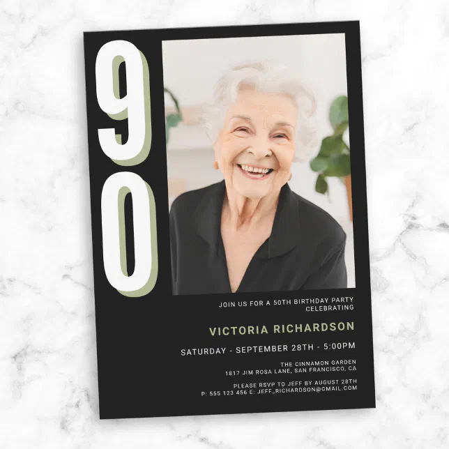 Simple Modern Custom Photo 90th Birthday Invitation | Zazzle