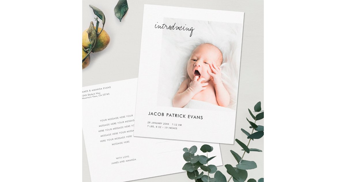 Simple Modern Custom Photo New Baby Birth Announcement Postcard | Zazzle
