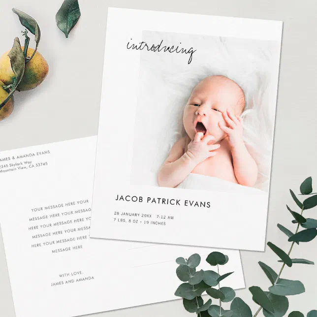 Simple Modern Custom Photo New Baby Birth Announcement Postcard | Zazzle