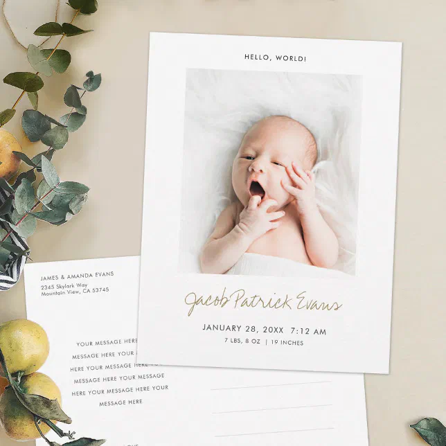 Simple Modern Custom Photo New Baby Birth Announcement Postcard | Zazzle