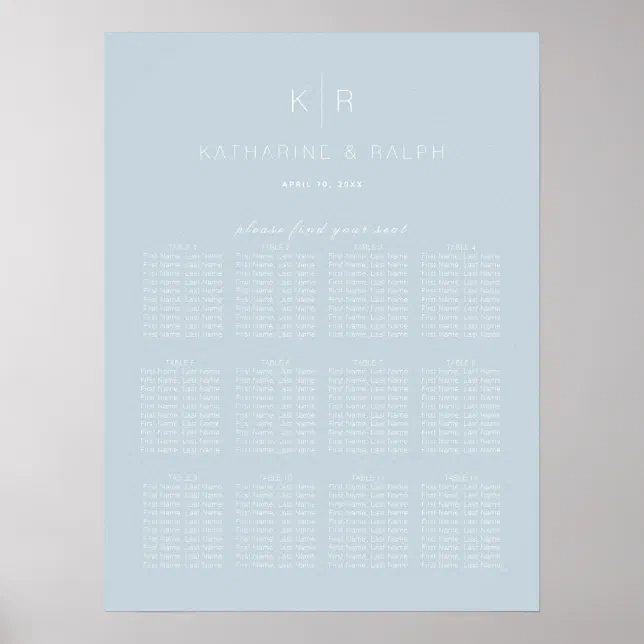 Simple Modern Dusty Blue Wedding Seating Chart | Zazzle