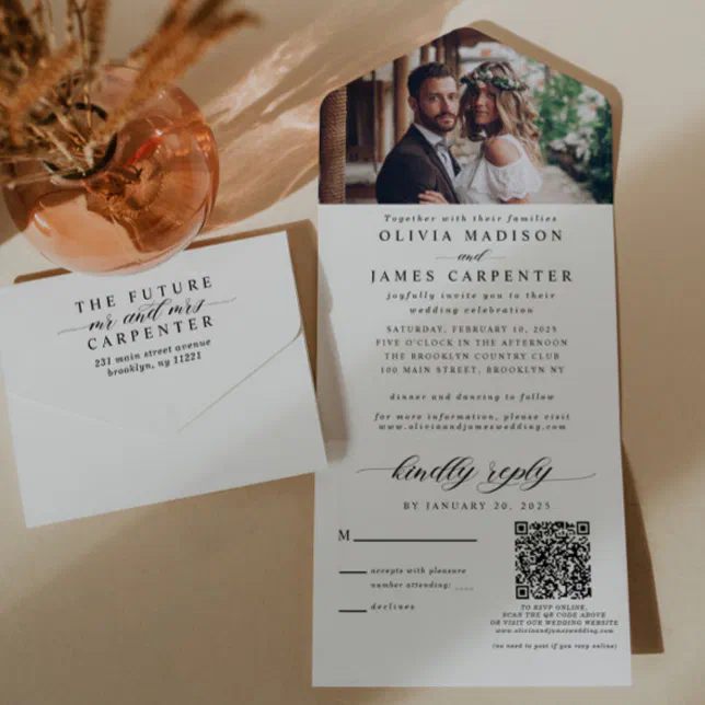 Simple Modern Elegant Photo RSVP QR Code Wedding All In One Invitation ...