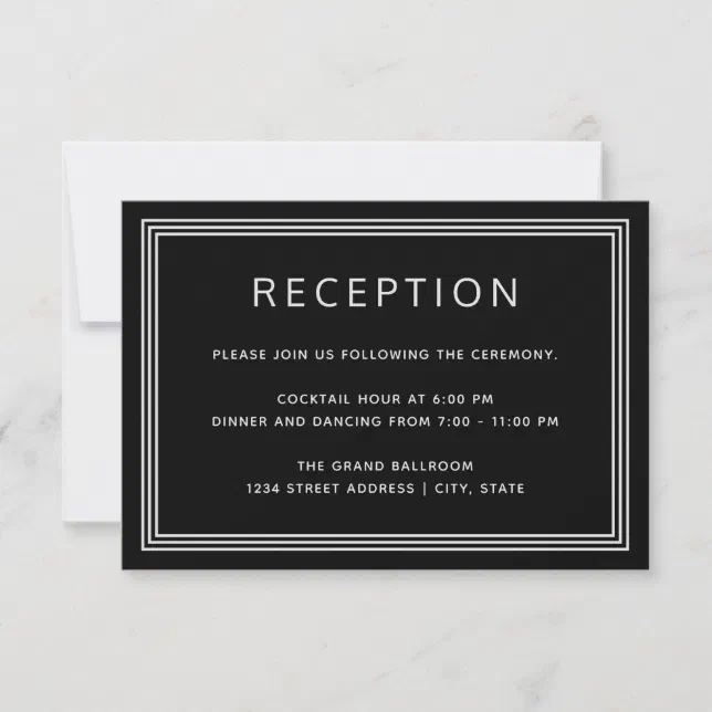 Simple Modern Frame Elegant Black Reception Card | Zazzle