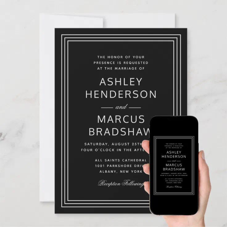 Simple Modern Frame Elegant Black Wedding Invitation | Zazzle