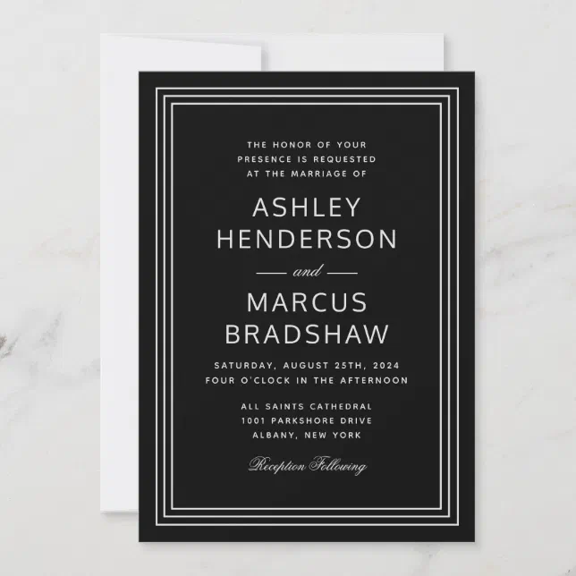 Simple Modern Frame Elegant Black Wedding Invitation | Zazzle