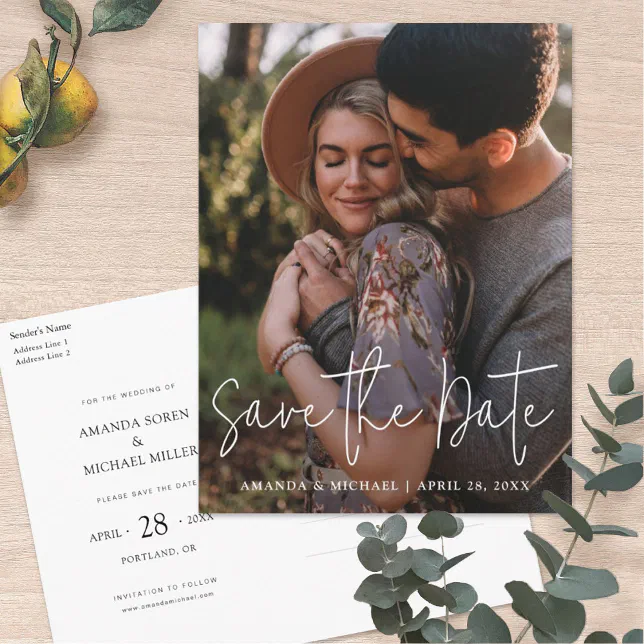 Simple Modern Full Photo Wedding Save the Date Invitation Postcard | Zazzle
