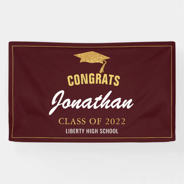 Simple Modern Glitter Grad Red Maroon Graduation Banner | Zazzle