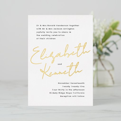 Simple Modern Gold Custom Names Black Wedding Foil Invitation | Zazzle