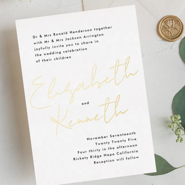 Simple Modern Gold Custom Names Black Wedding Foil Invitation | Zazzle