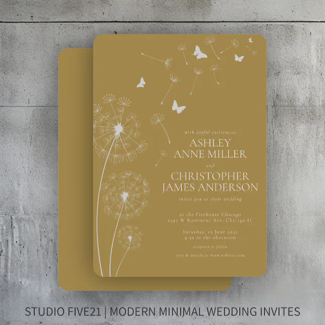 Simple Modern Gold Dandelion Wedding Invitation | Zazzle