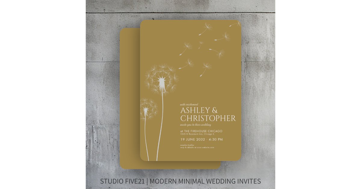 Simple Modern Gold Dandelion Wedding Invitation | Zazzle