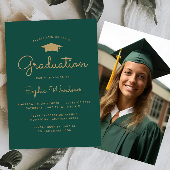 Simple Modern Green Gold Graduation Party Invitation | Zazzle