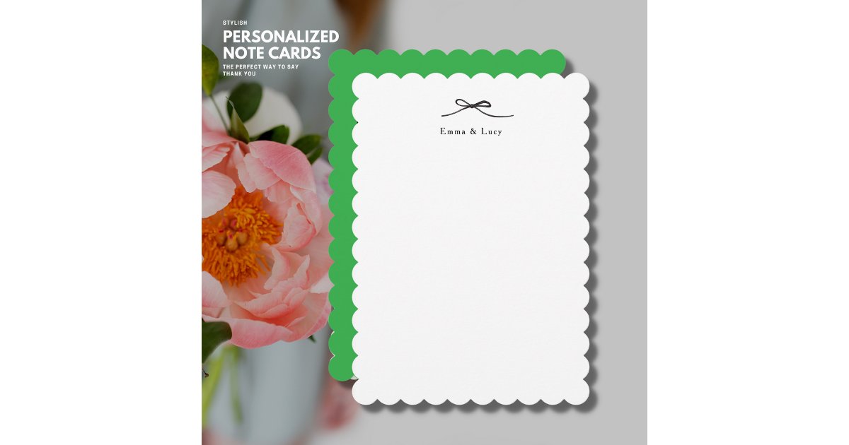 Simple Modern Green Scalloped Edge Custom Name Note Card | Zazzle