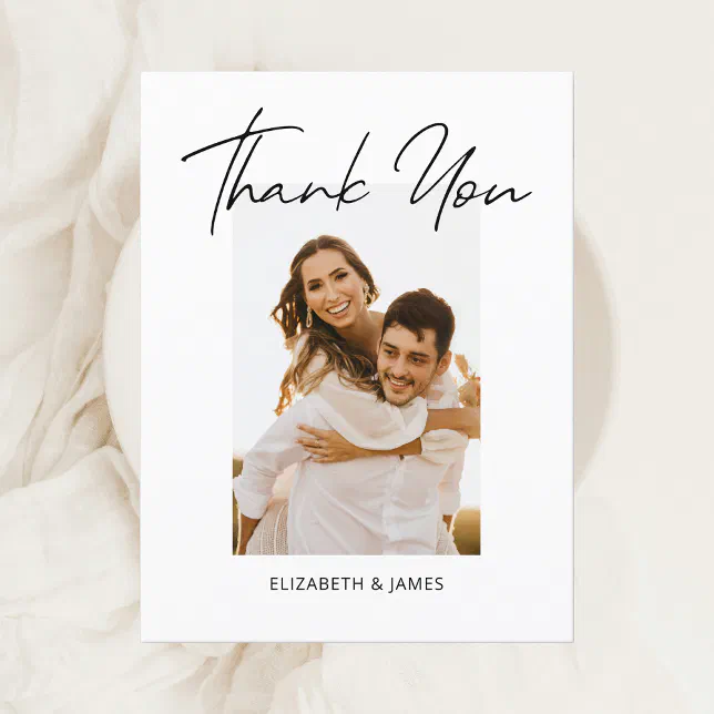 Simple Modern Handwritten Photo Wedding Thank You Postcard | Zazzle