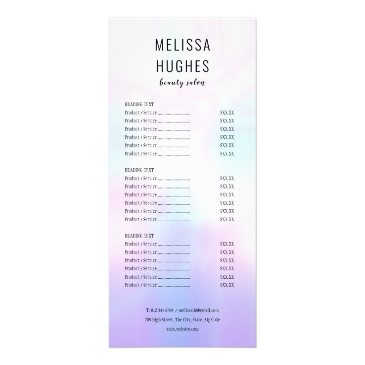 Simple Modern Holographic Salon Service Menu | Zazzle