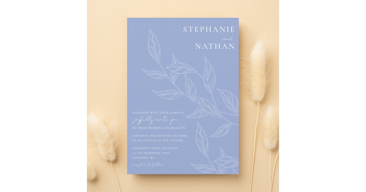Simple Modern Leaves Periwinkle Wedding Invitation | Zazzle