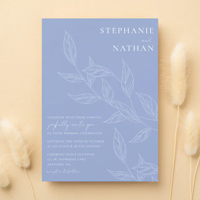 Simple Modern Leaves Periwinkle Wedding Invitation | Zazzle