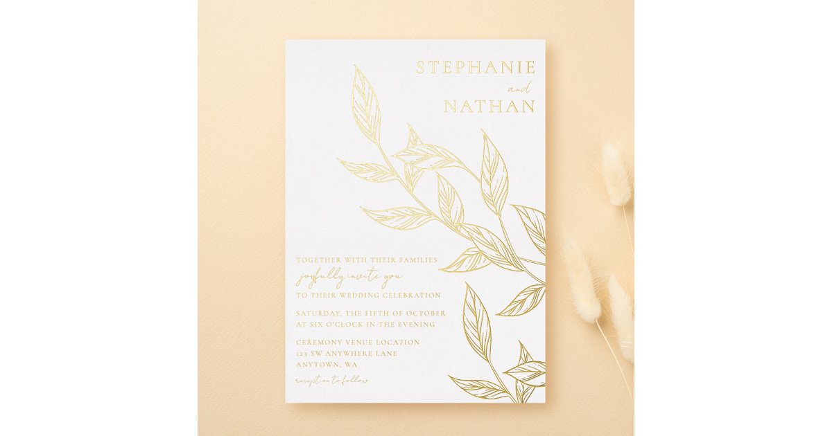 Simple Modern Leaves White Wedding Gold Foil Invitation | Zazzle