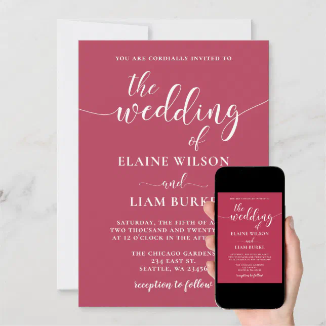 Simple Modern Magenta Wedding Invitation | Zazzle