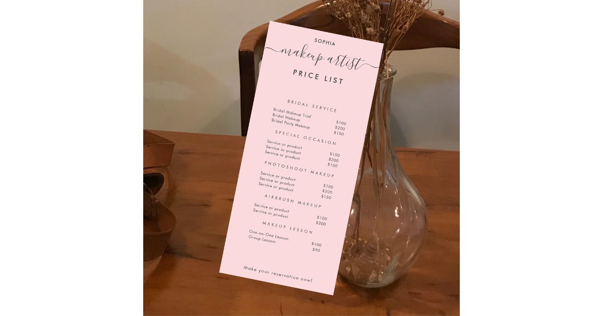 Simple Modern Makeup Artist Price List Pink Rack Card | Zazzle
