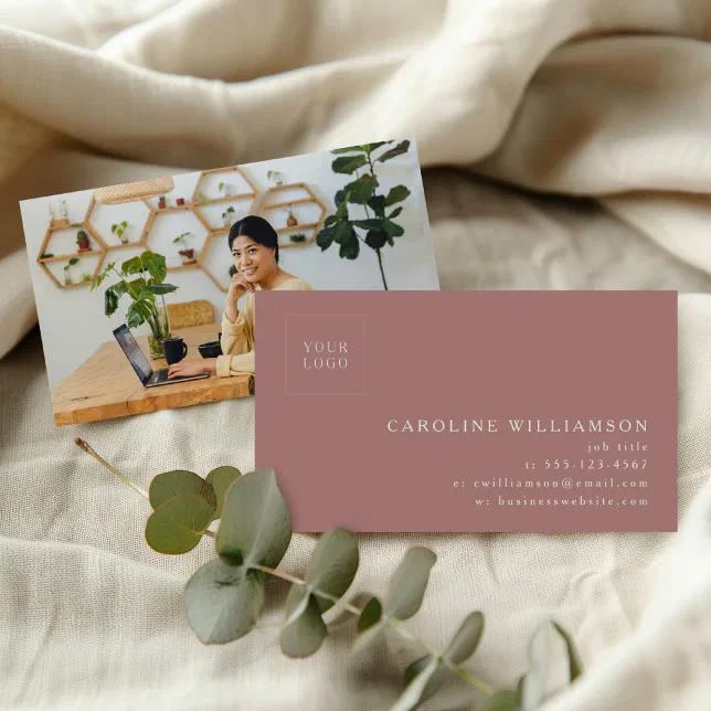 Simple Modern Minimal Dusty Rose Logo Photo Business Card | Zazzle