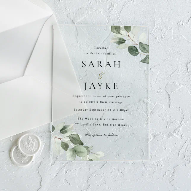 Simple Modern Minimal Green Leaf Wedding Acrylic Invitations | Zazzle