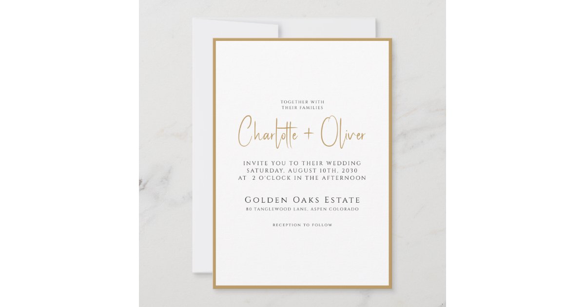 Simple Modern Minimalist Script Gold Border Invitation | Zazzle