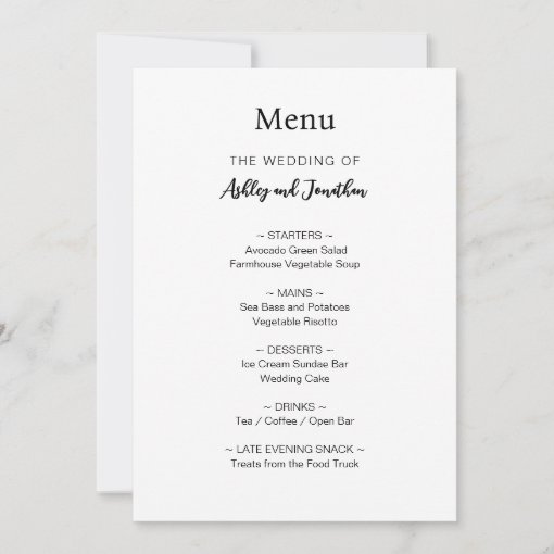 Simple Modern Minimalist Wedding Menu Invitation | Zazzle
