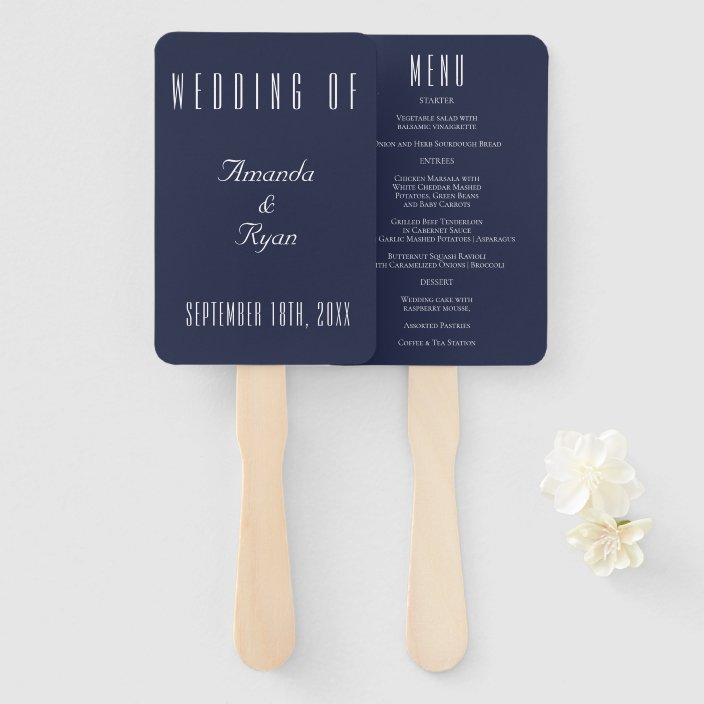 Simple Modern Navy Blue Script Wedding Menu Hand Fan | Zazzle.com