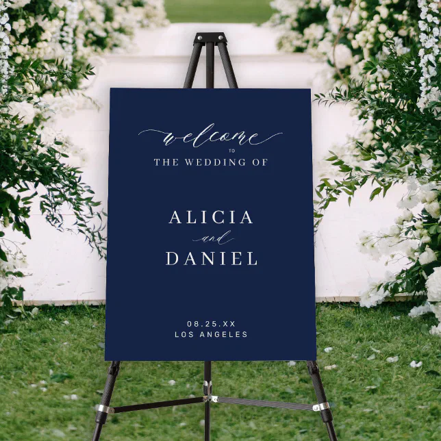 Simple modern navy blue wedding welcome sign | Zazzle