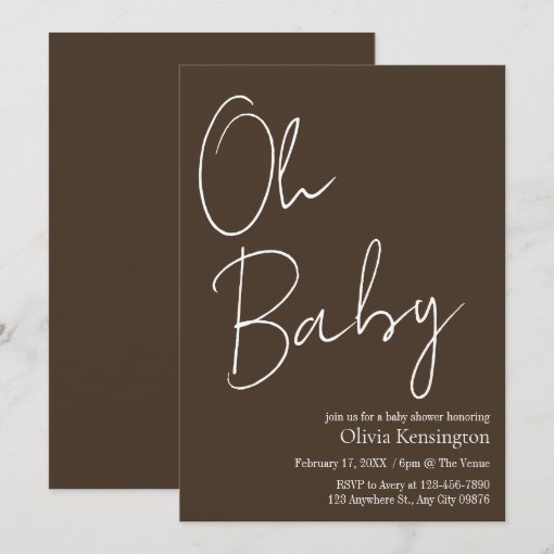Simple Modern Oh Baby Brown Baby Shower Invitation | Zazzle