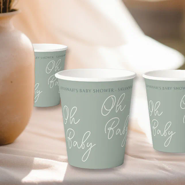 Simple Modern Oh Baby Script Sage Green Shower Paper Cups | Zazzle