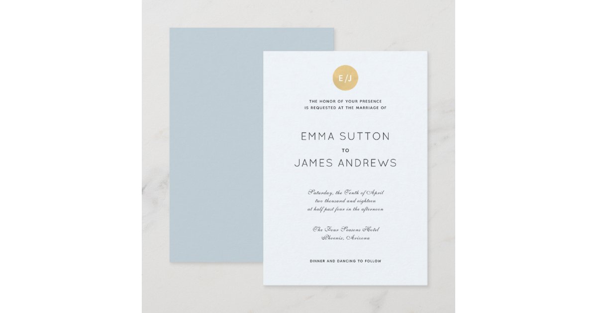 Simple Modern Pale Blue Gold Wedding Invitation | Zazzle