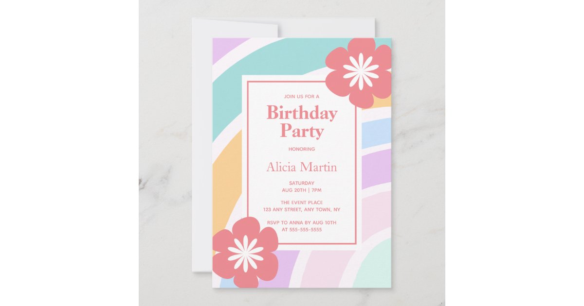 Simple Modern Pastel Rainbow Flower Birthday Party Invitation | Zazzle