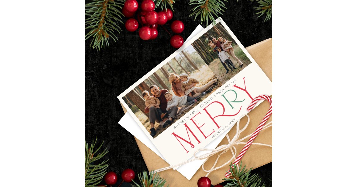 Simple Modern Photo Merry Red Green Holiday Card | Zazzle