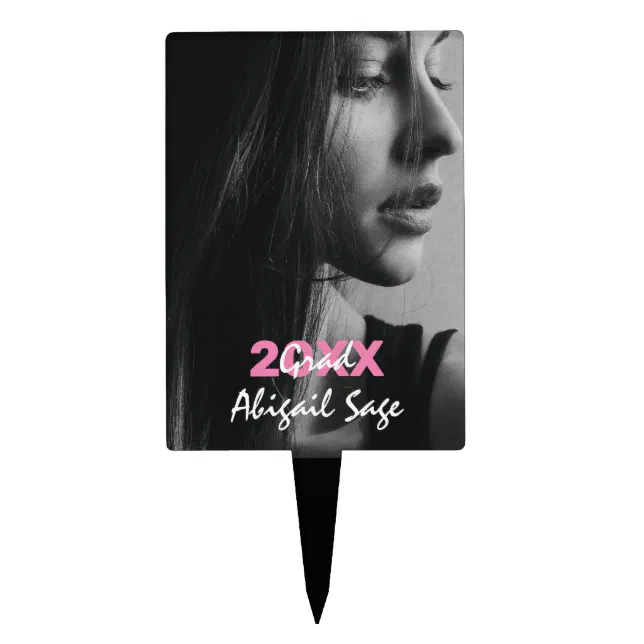 Simple Modern Photo Pink and White Graduation Cake Topper | Zazzle