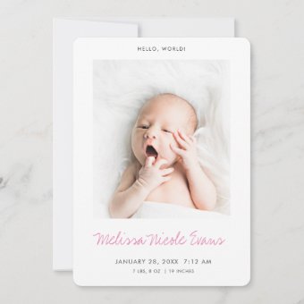 Simple Modern Photo Pink Script Baby Girl Birth Announcement | Zazzle