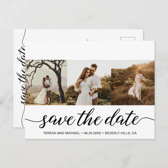 Simple Modern Photos Save the Date Script Wedding Postcard | Zazzle