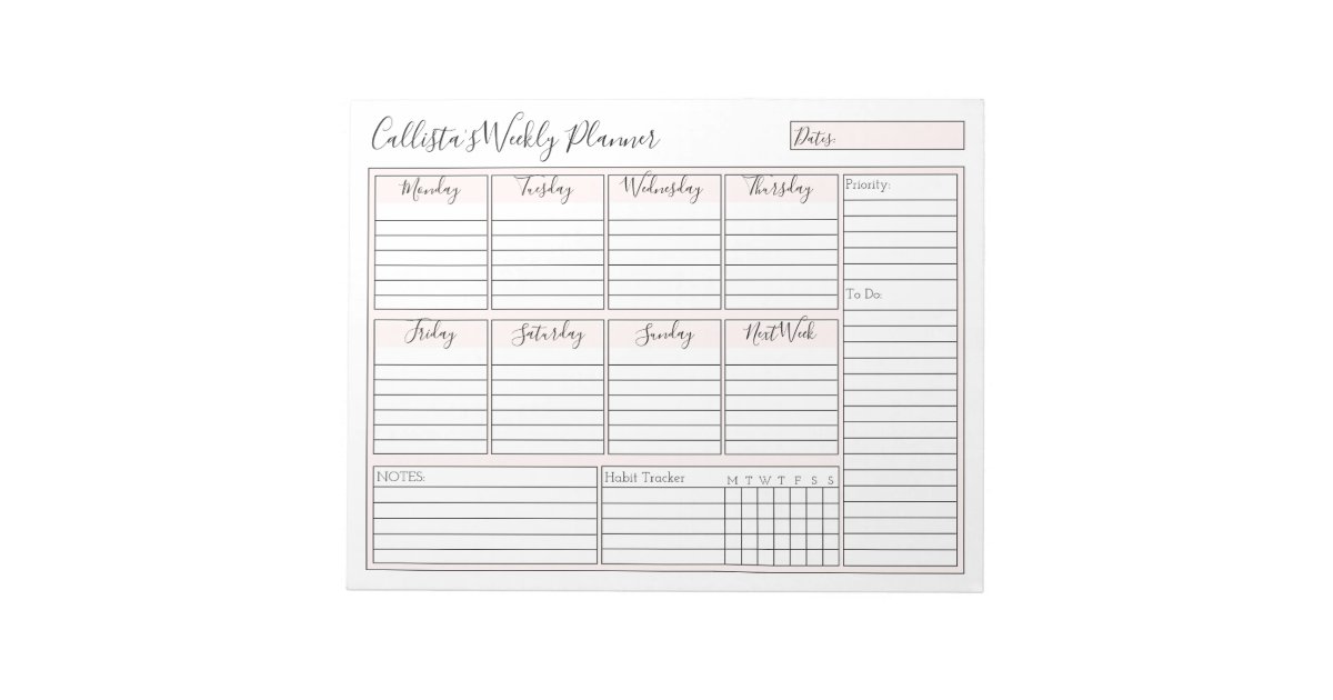 Simple Modern Pink White Weekly Custom Planner Notepad | Zazzle