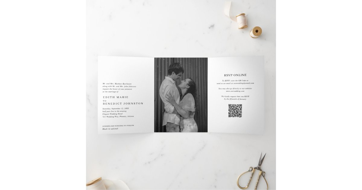 Simple Modern QR Code Photo Elegant Wedding Tri-Fold Invitation | Zazzle