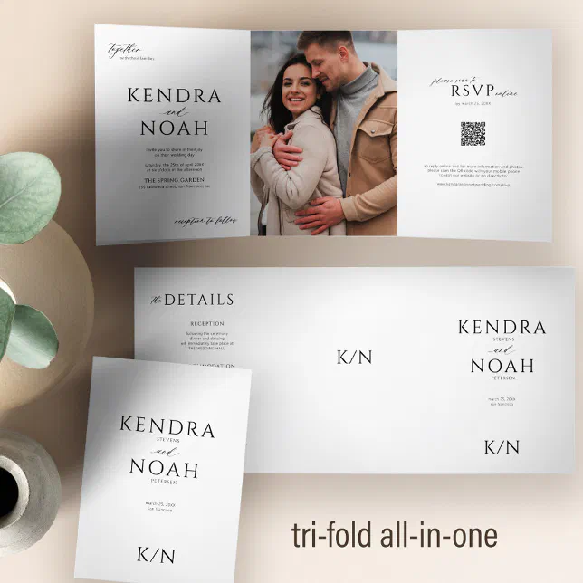Simple modern QR code PHOTO elegant wedding Tri-Fold Invitation | Zazzle