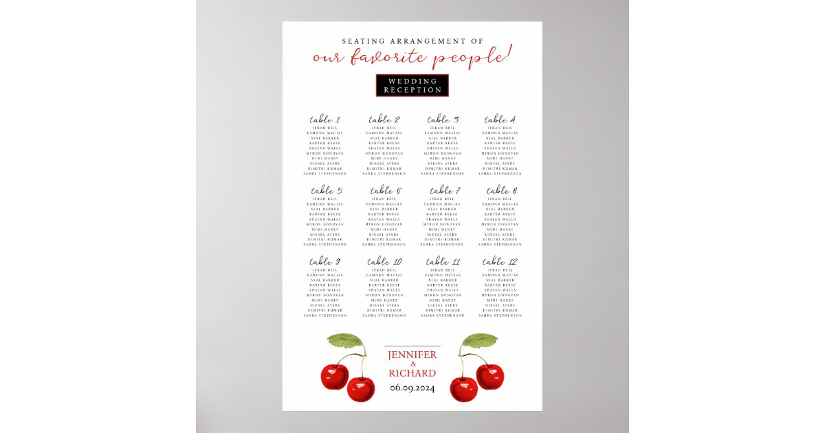 Simple Modern Red Cherries Wedding Table Chart | Zazzle