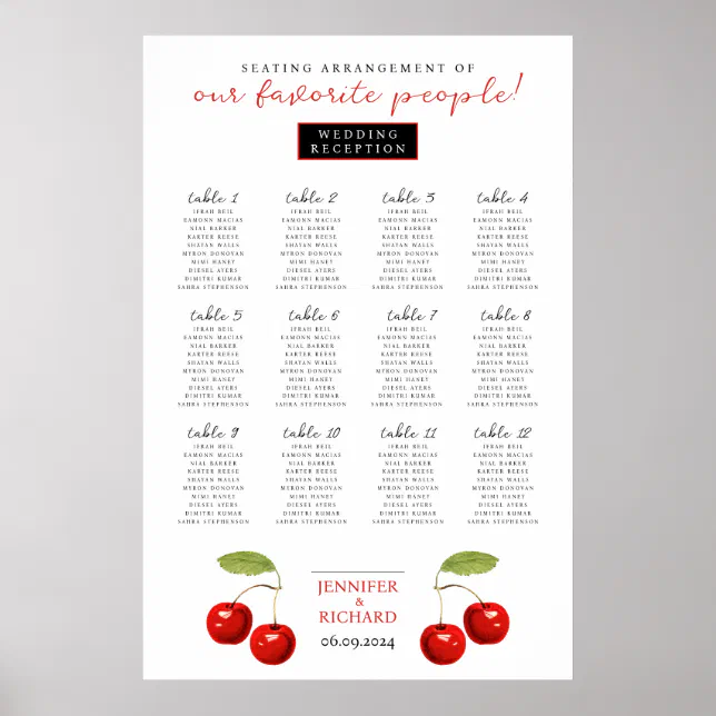 Simple Modern Red Cherries Wedding Table Chart | Zazzle