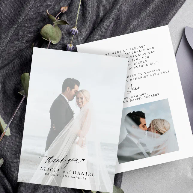 Simple modern script 2 photos wedding thank you card | Zazzle