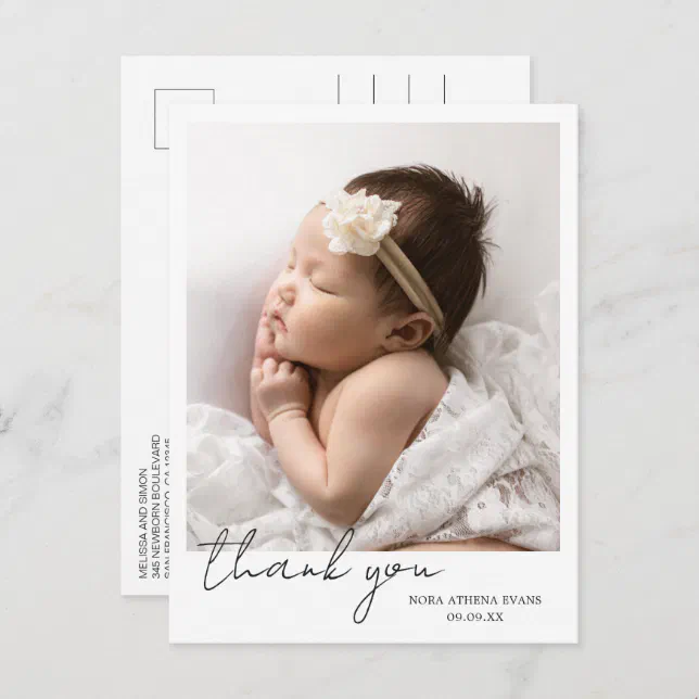 Simple Modern Script Elegant Photo Thank You Birth Announcement ...